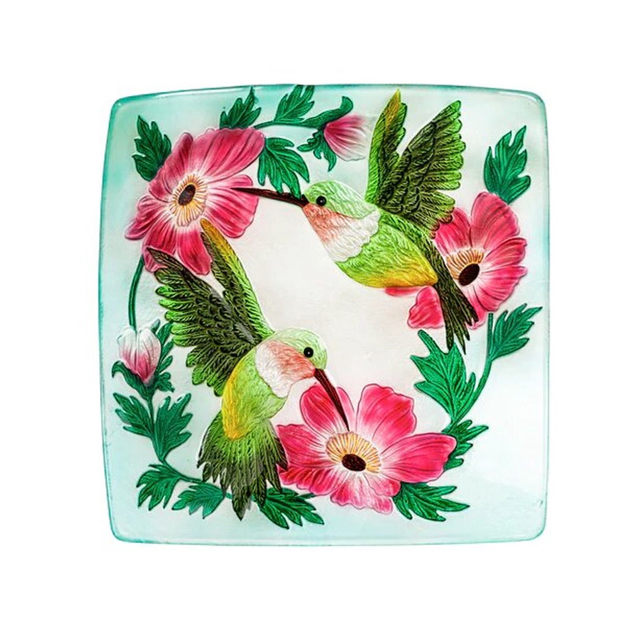 Evergreen 16.5" glass square birdbath - hummingbird duo