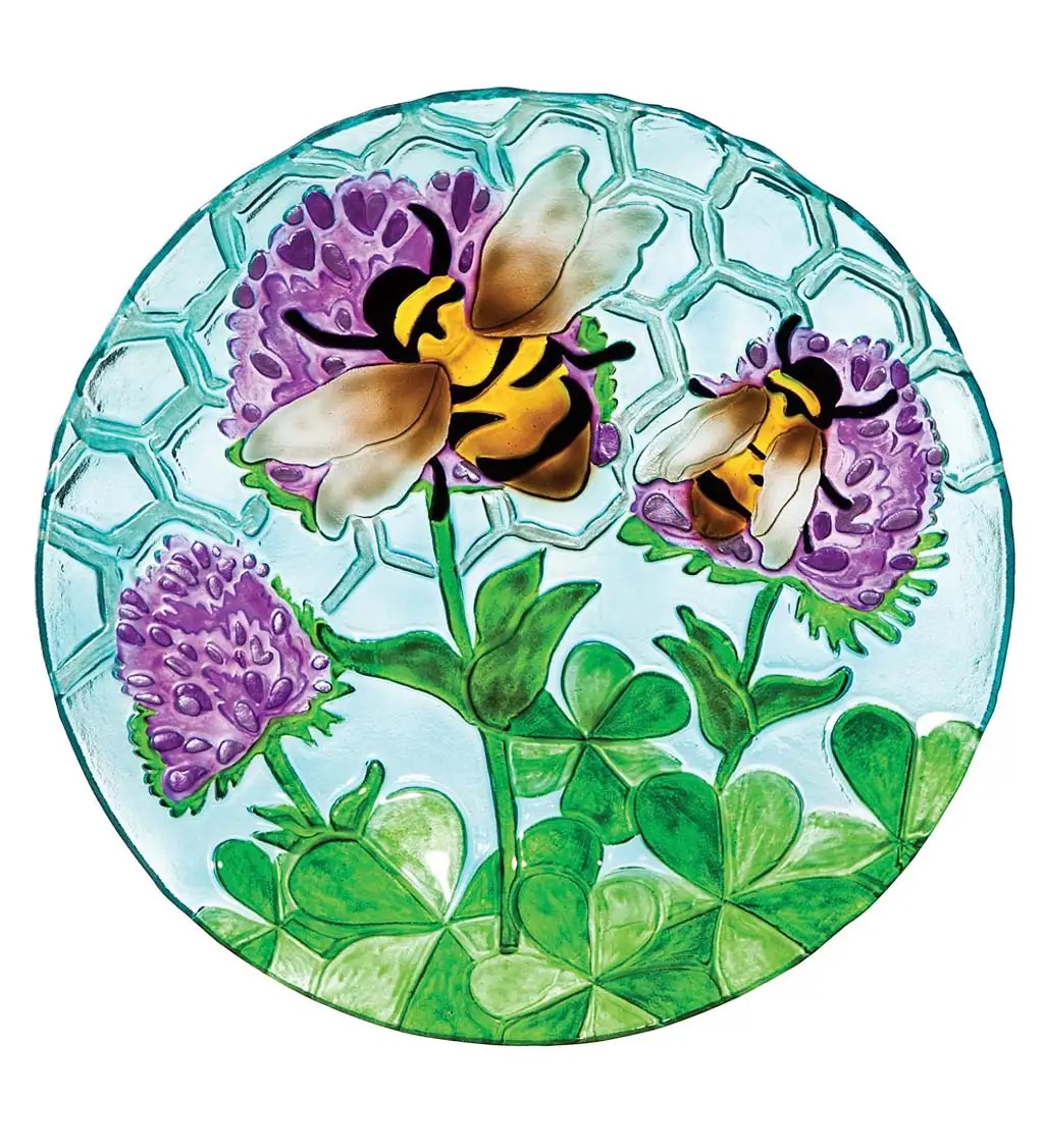 Evergreen 18" glass birdbath - bees and clover (stand NOT included)